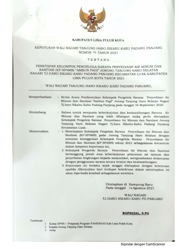 Penetapan Kelompok Pengelola Sarana Penyediaan Air Minum Dan Sanitasi KP Spams Ambun Pagi Nopquv ...