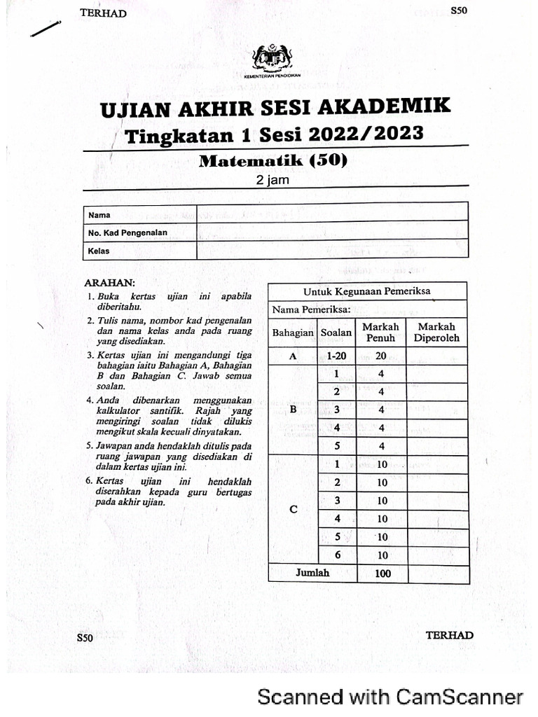 Soalan Uasa Matematik Form 1 2023 | PDF