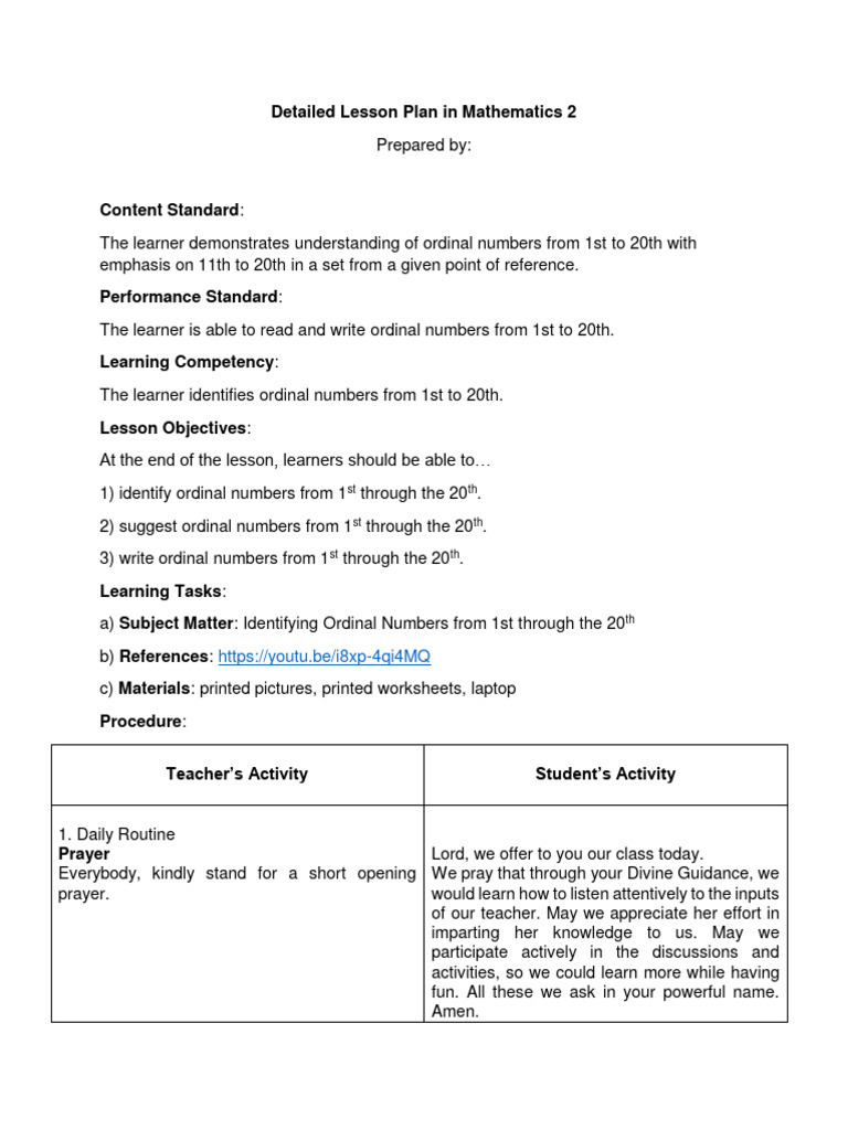Detailed Lesson Plan in MATH | PDF | Learning | Lesson Plan