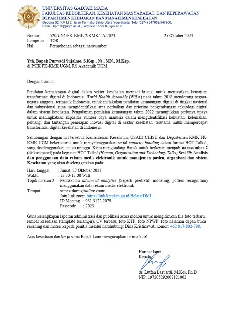 Surat Dan TOR Narasumber HOT Talks Sesi 9 | PDF