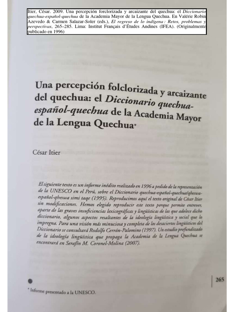 César Itier - Una Percepción Forclorizada y Arcaizante Del Quechua: El Diccionario Quechua ...