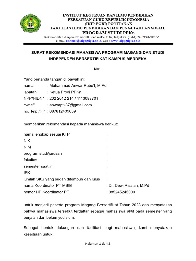 Surat Rekomendasi Magang Tahun 2023 | PDF