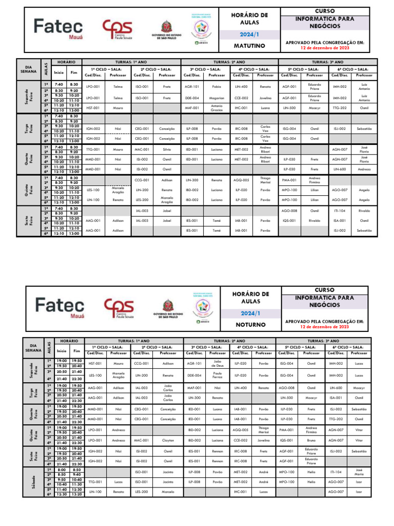 Horário Informática para Negócios | PDF