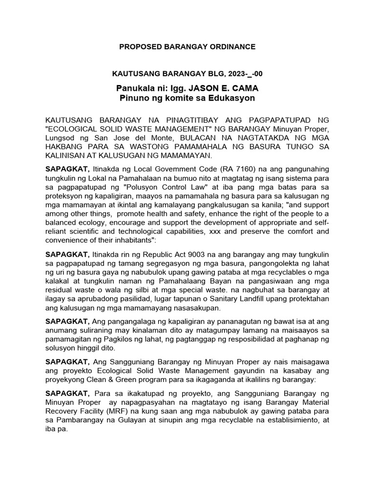 ORDINANCE-Barangay Solid Waste Management Ordinance of Barangay Minuyan Proper | PDF