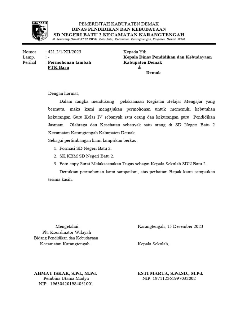 Surat Permohonan Guru Bt2 | PDF