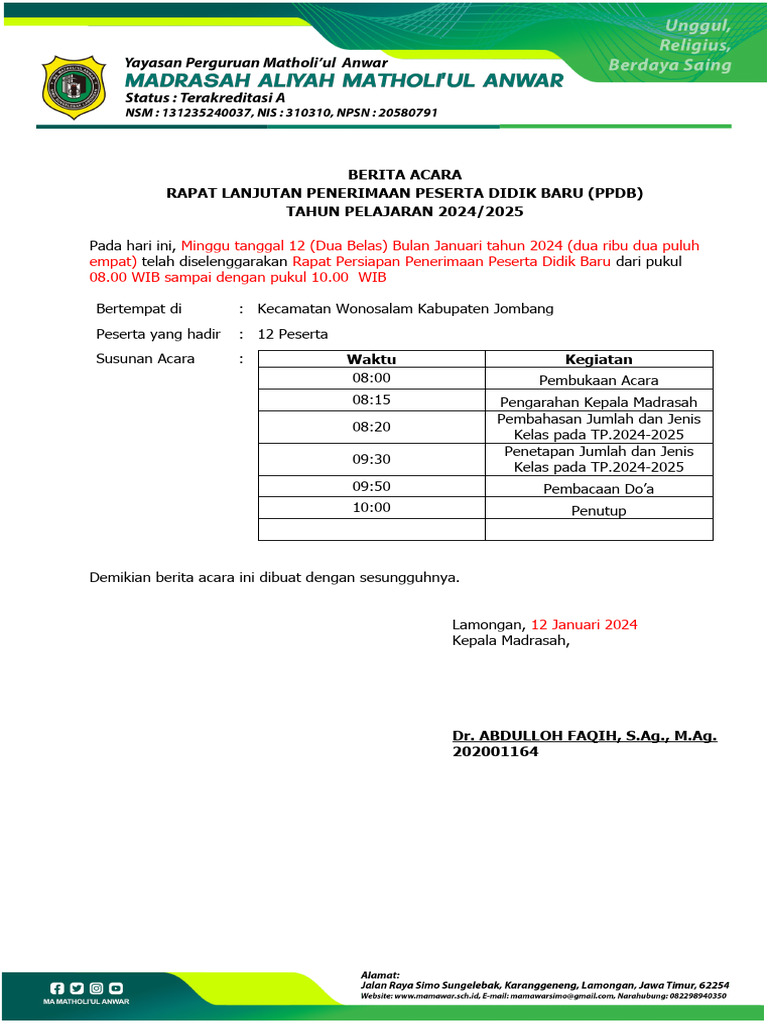 Berita Acara Rapat PPDB 12 Januari | PDF