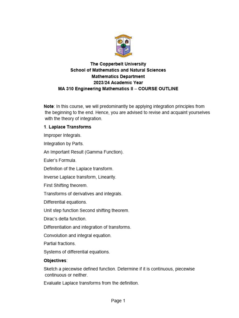 MA310 - Engineering Mathemattics II - Course Outline | PDF
