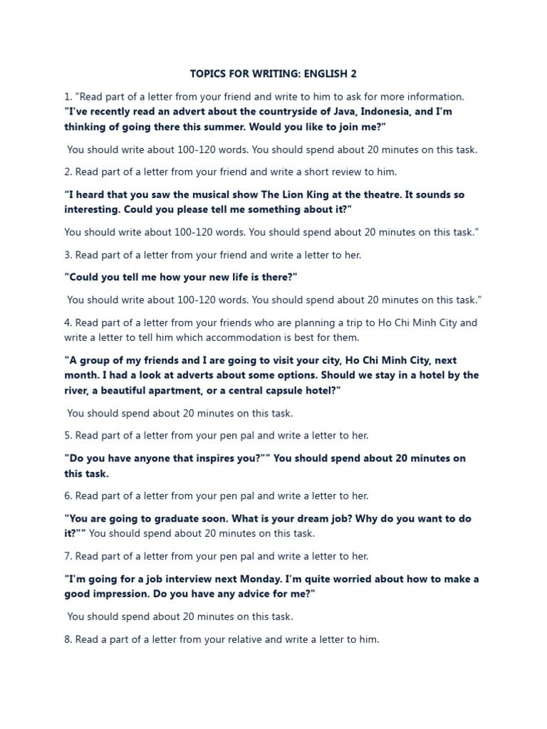 English 2 Writing Task Topics | PDF