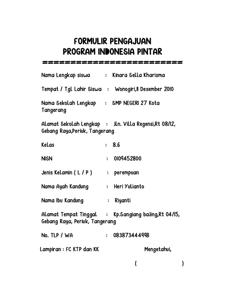 Contoh Formulir PIP 2023 untuk Siswa | PDF