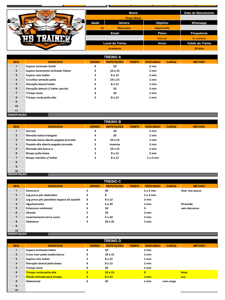 Planilha Treino Diogo Junho 1 | PDF | Treinamento de força | Musculação