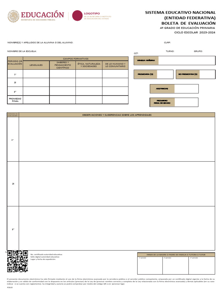 Boleta de Evaluación 4º Primaria 2023-2024 | PDF | Evaluación ...