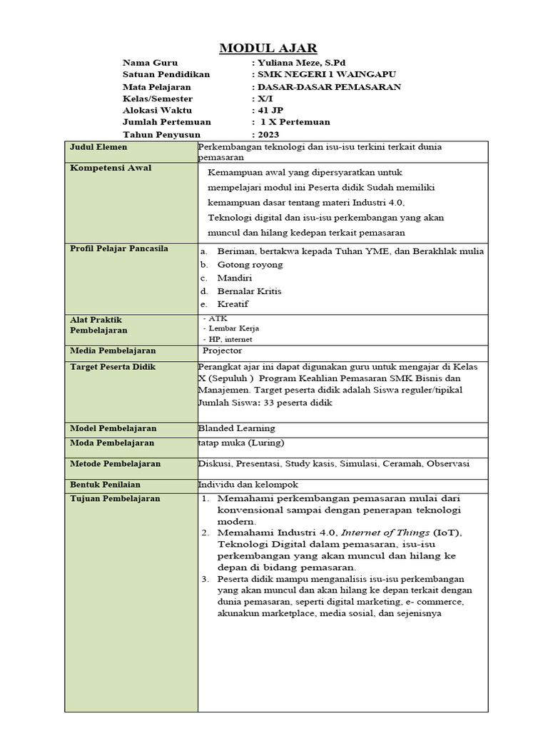 MODUL AJAR ELEMEN 2 Pertemuan 1 | PDF