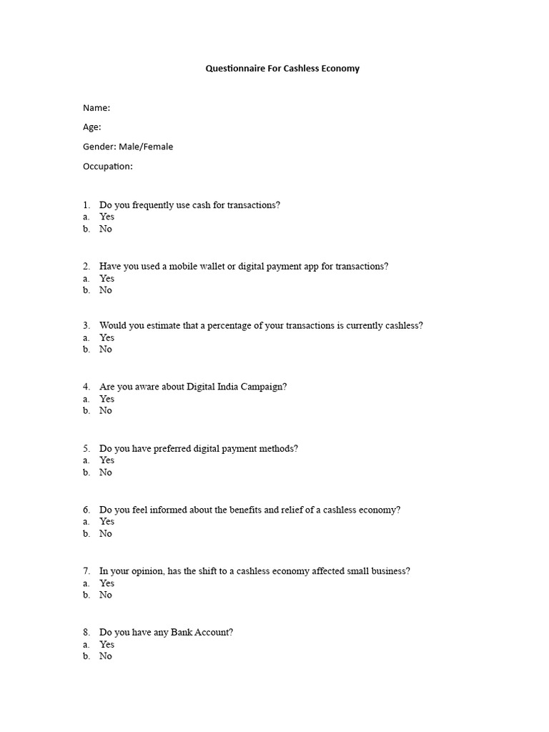 Cashless Economy Questionnaire | PDF