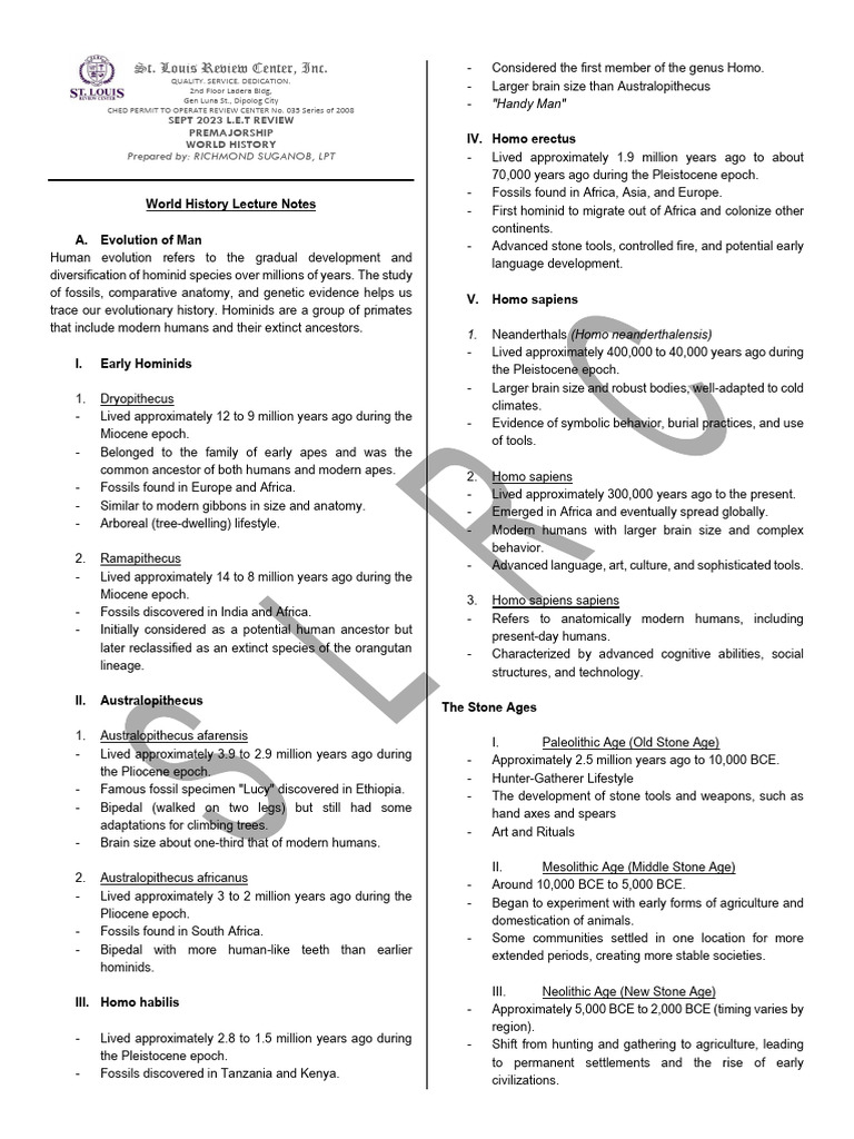 World History Lecture Notes Overview | PDF | Homo | Human Evolution