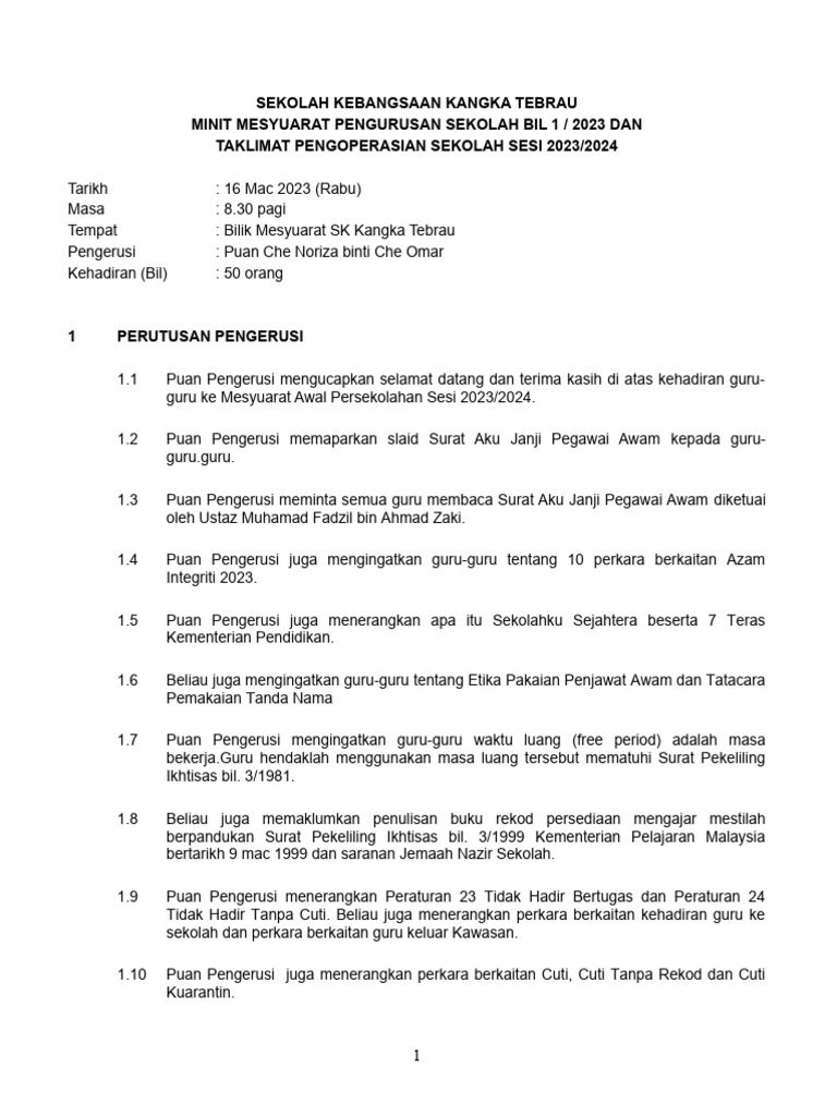 Minit Mesyuarat Pengurusan Bil 1 2023 | PDF