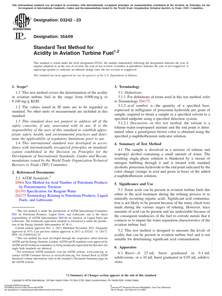 Astm D3242-23 | Download Free PDF | Titration | Chemistry