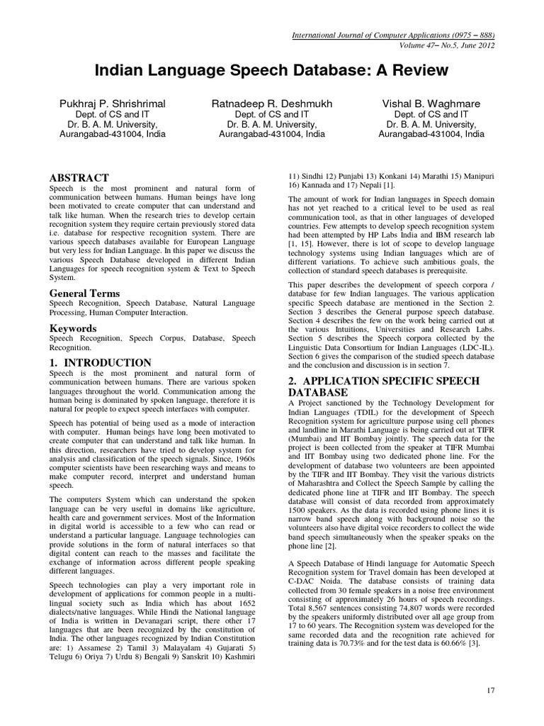 Indian Language Speech Database A Review | PDF | Languages Of India | Speech Synthesis