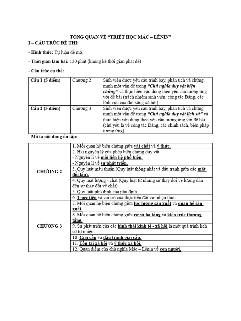 Cấu Trúc Đề Thi Triết Học Mác - Lênin & Một Số Lưu ý Khi Trình Bày Bài Thi (k48, k49) | PDF