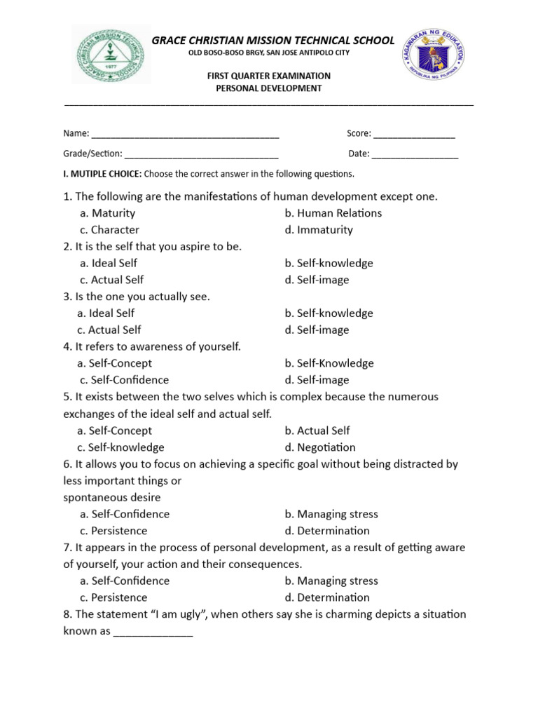 First Quarter Exam Perdev | PDF | Adolescence | Self Concept