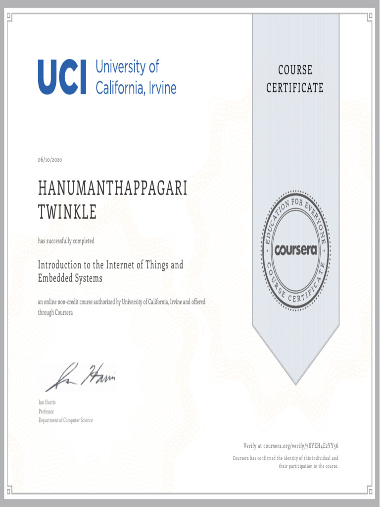 Introduction To Iot and Embedded System Certificate | PDF | Cyberspace | Computer Networking