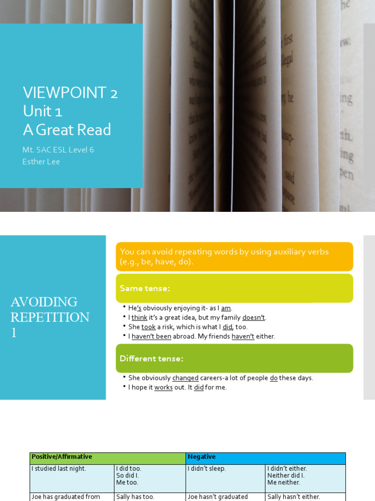 Viewpoint 2 Unit 1 A Great Read | PDF | Adjective | Verb
