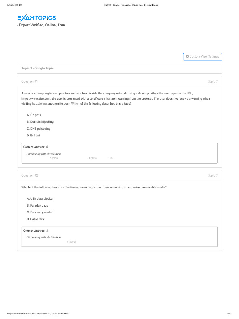 Sy0 601 Exam Free Actual Q As Page 1 Examtopics Pdf Password