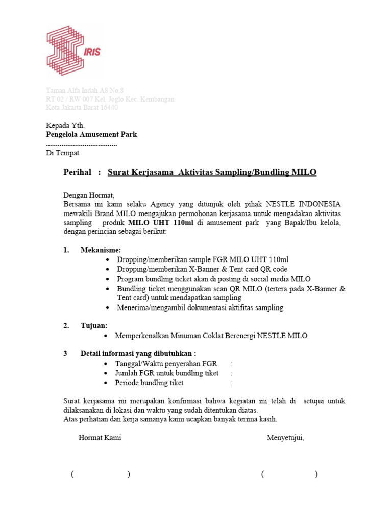 Surat Kerjasama MILO UHT AMUSEMENT PARK 2023 | PDF | Game & Aktivitas | Hukum