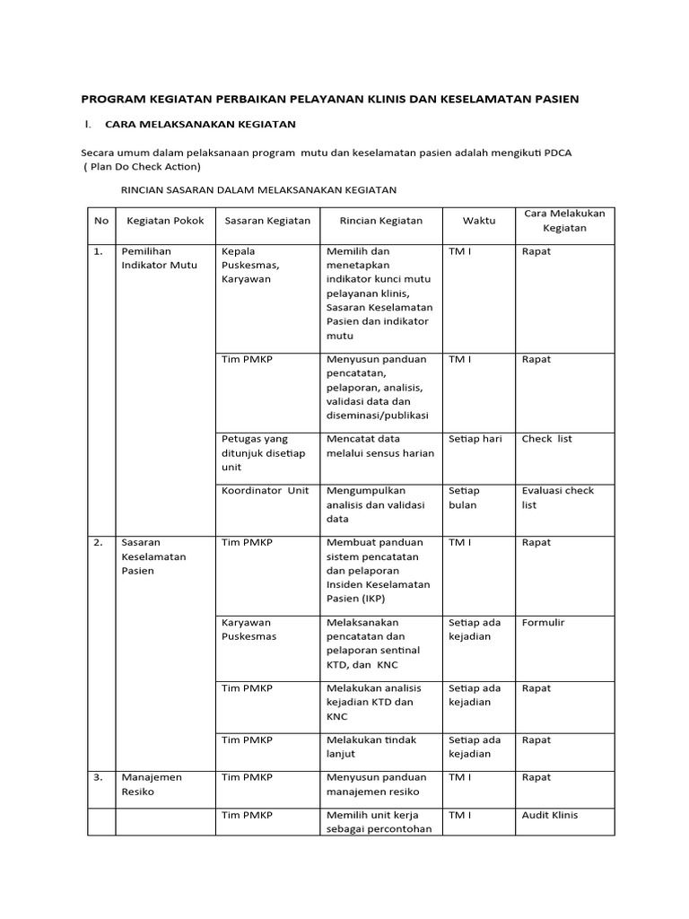 Program Kegiatan Perbaikan Mutu Dan Keselamatan Pasien | PDF