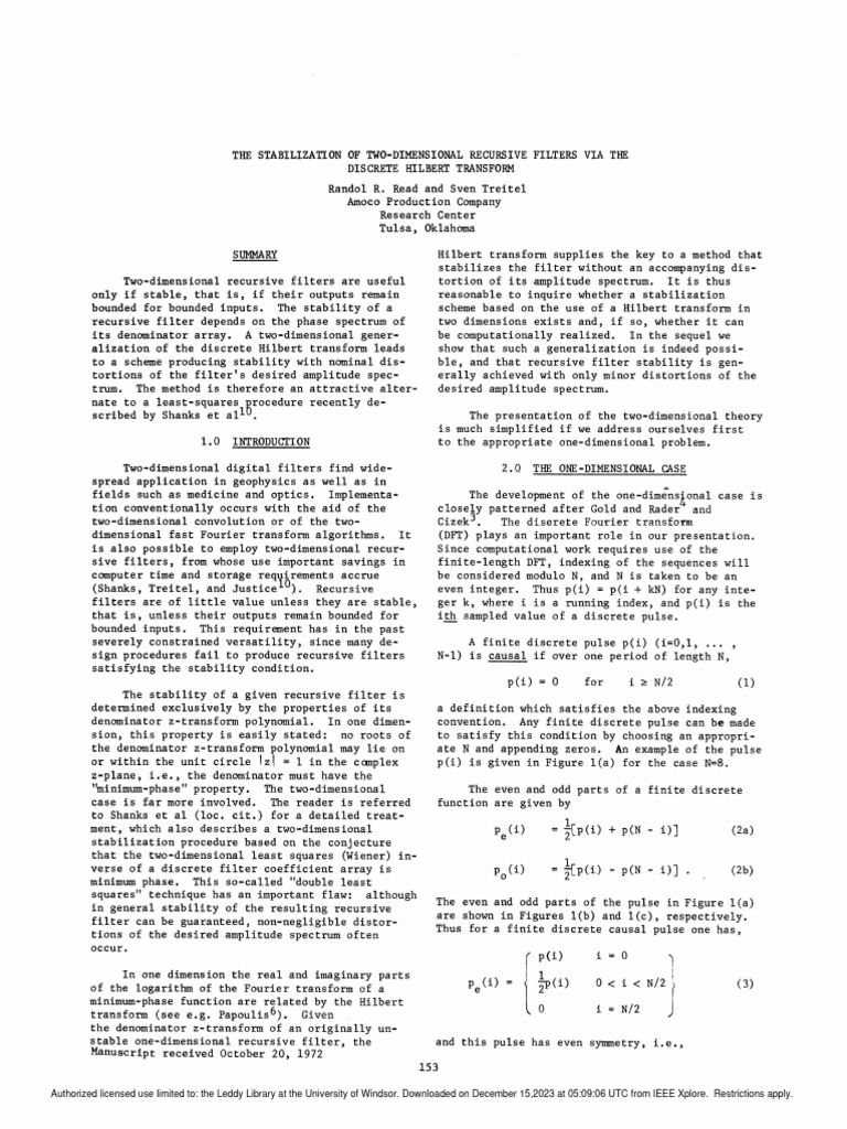 The Stabilization of Two-Dimensional Recursive Filters Via The Discrete Hilbert Transform | PDF ...