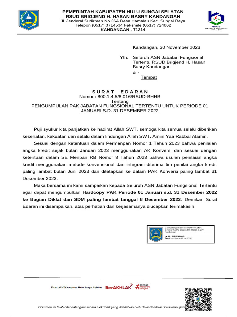 Surat Edaran Pengumpulan PAK Periode 01 Januari S.D 31 Desember 2022 ...