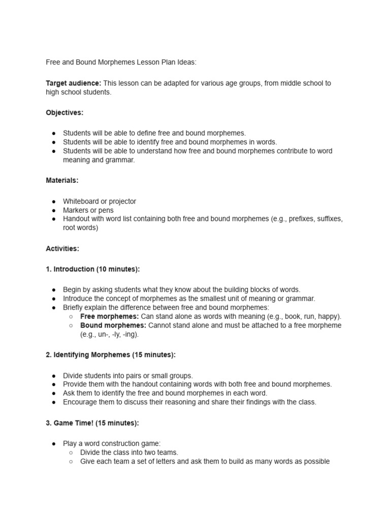 Free and bound morpheme for lesson plan | PDF