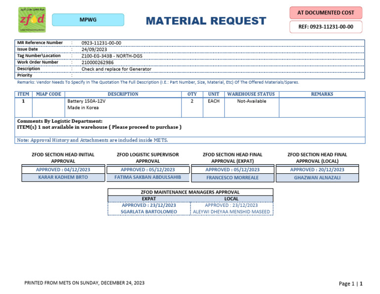 Material Request for Generator | PDF