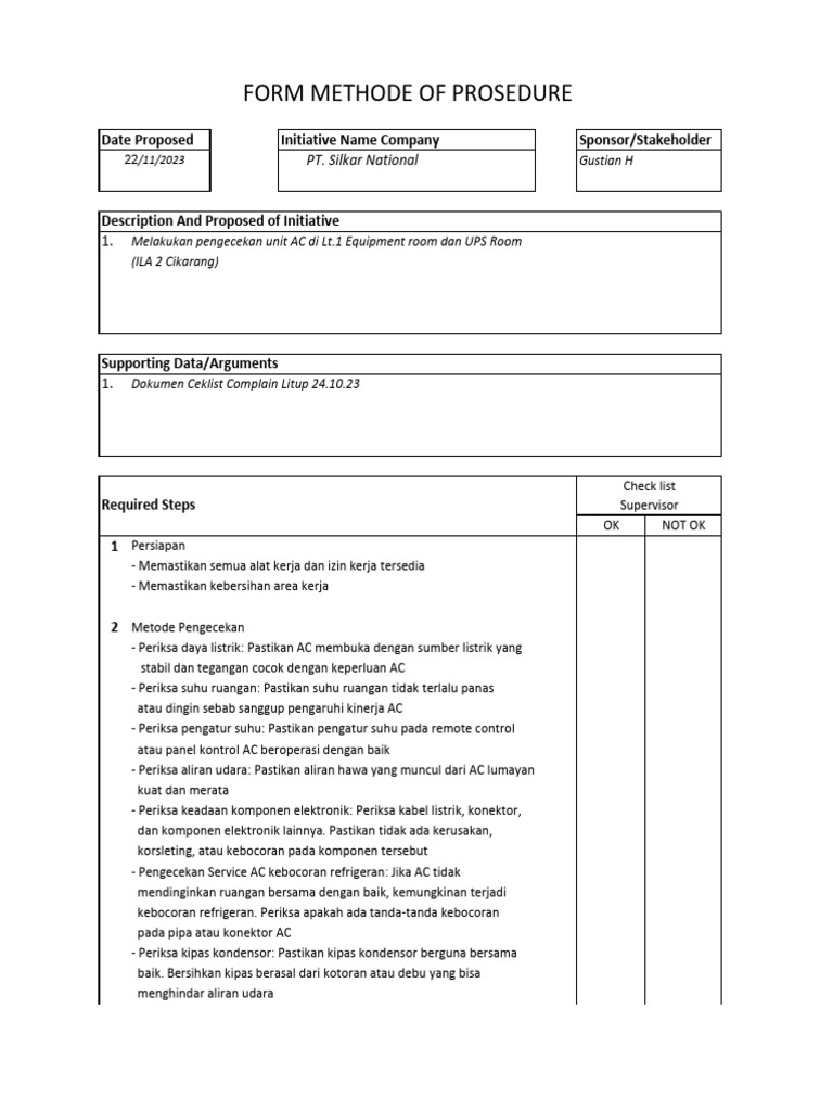 Pengecekan Unit AC PT Silkar National | PDF