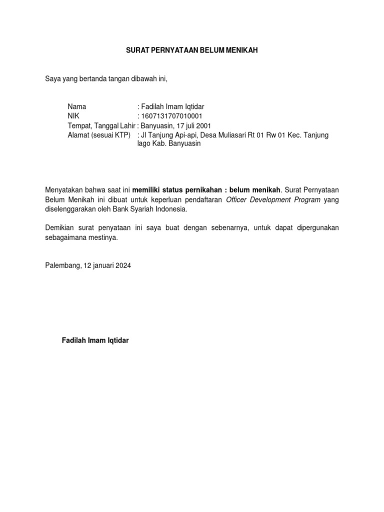 Surat Pernyataan Belum Menikah - Odp Bsi | PDF