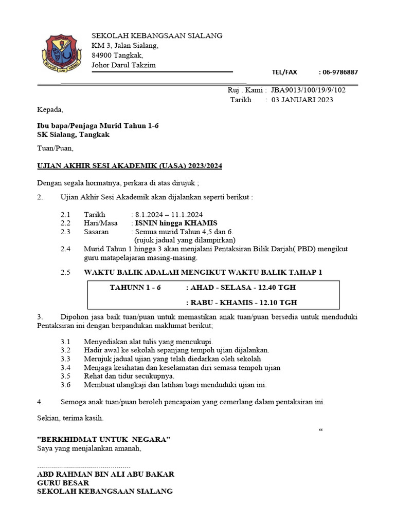Surat Makluman Peperiksaan 2022 | PDF