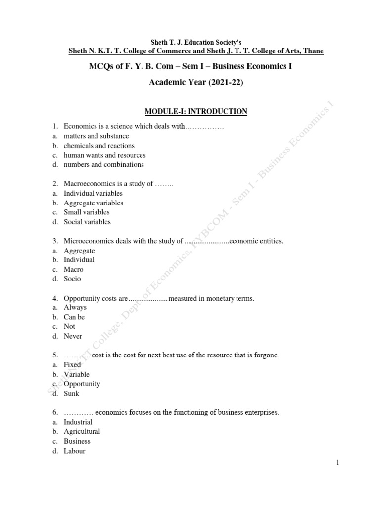 Business Economics MCQs for F.Y.B.Com | PDF | Demand | Supply (Economics)