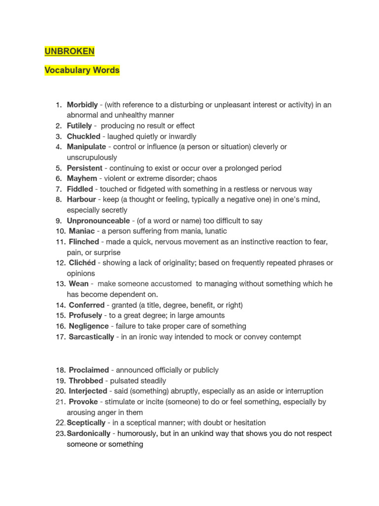 Advanced Vocabulary from Unbroken | PDF | Psychological Concepts ...
