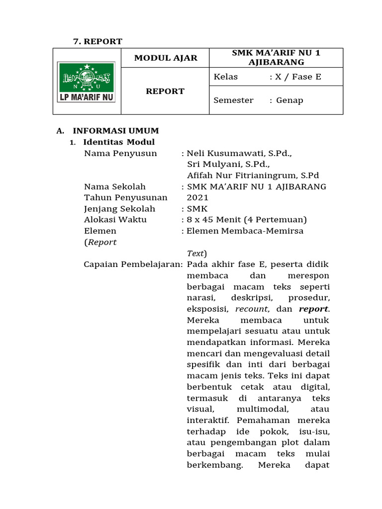Modul Ajar Report Text New | PDF