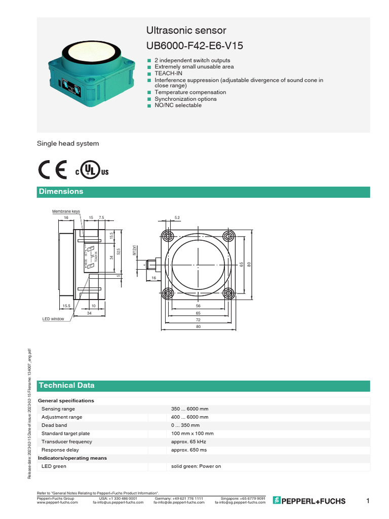 Ultrasonic Sensor UB6000-F42-E6-V15: Dimensions | PDF | Parameter ...