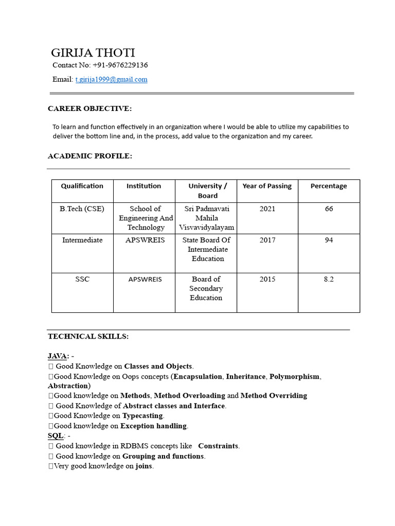 Girija Resume Pdf Software Testing Method Computer Programming