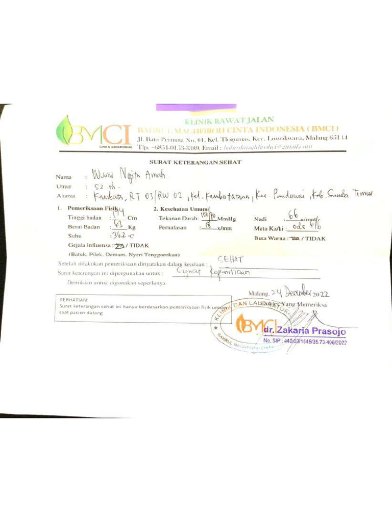 Surat Keterangan Sehat Dan Hasil Lab | PDF