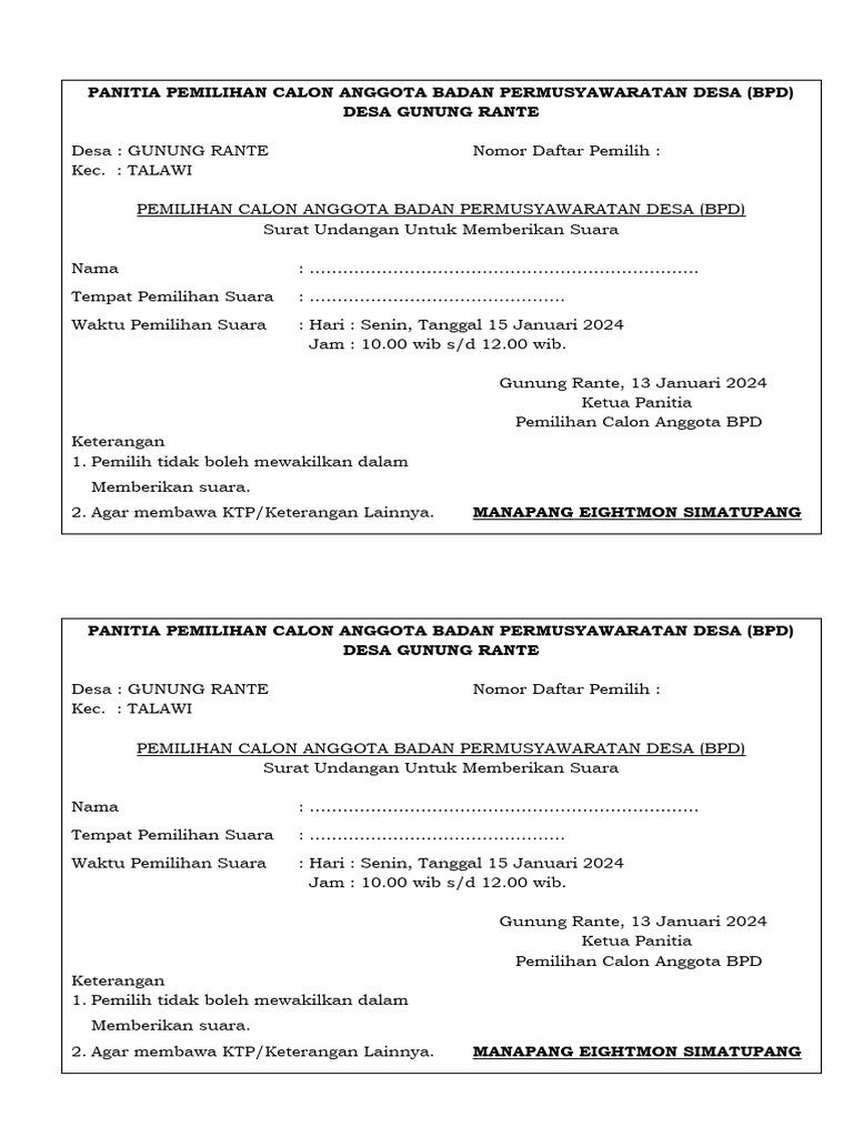 Undangan Pemilih Calon Anggota BPD | PDF