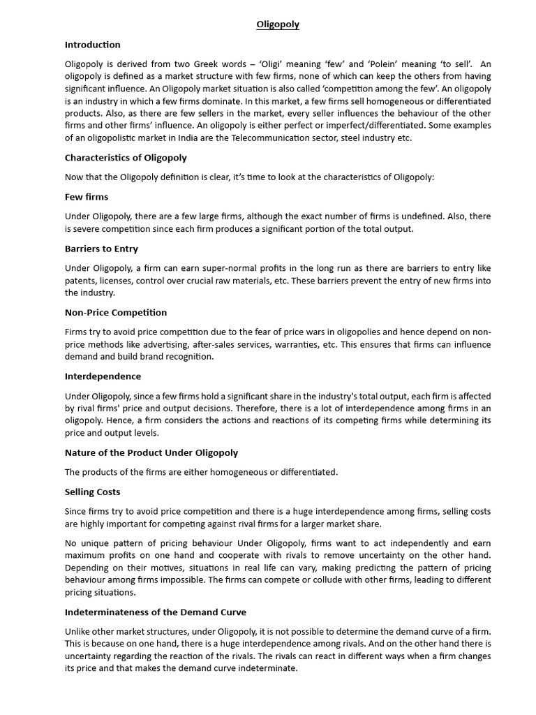 Oligopoly Market and Characteristics | PDF | Oligopoly | Economics