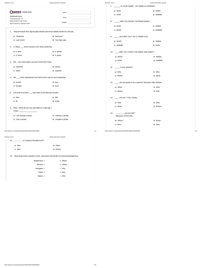 Simple Past Tense Quiz Worksheet | PDF