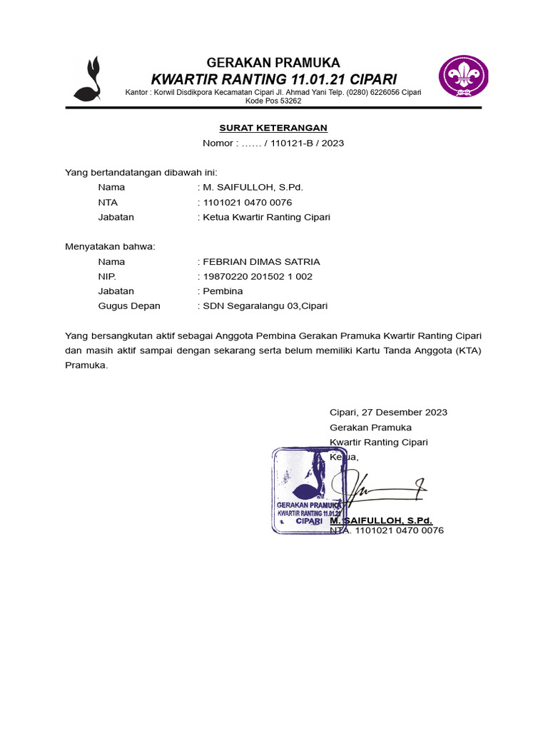 Surat Keterangan Pramuka | PDF