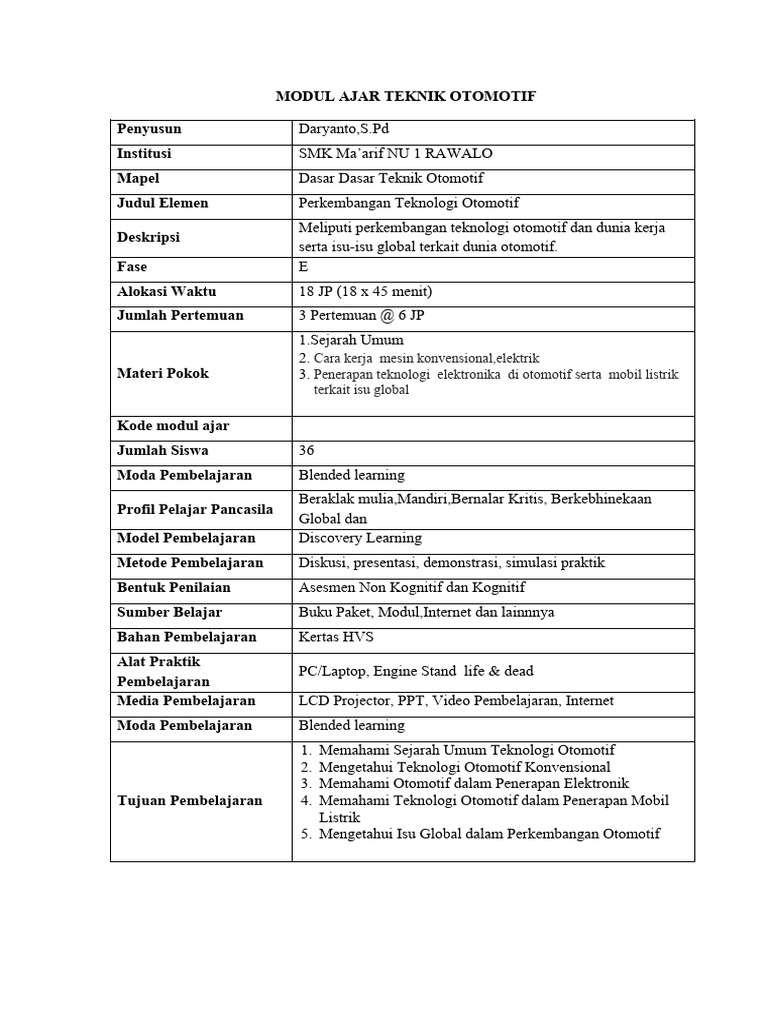 Modul Ajar - Perkembangan Teknologi Otomotif X TBSM | PDF