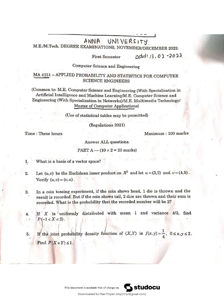 Mca University Question Papers All Subjects December 2022 Semester 1 | PDF