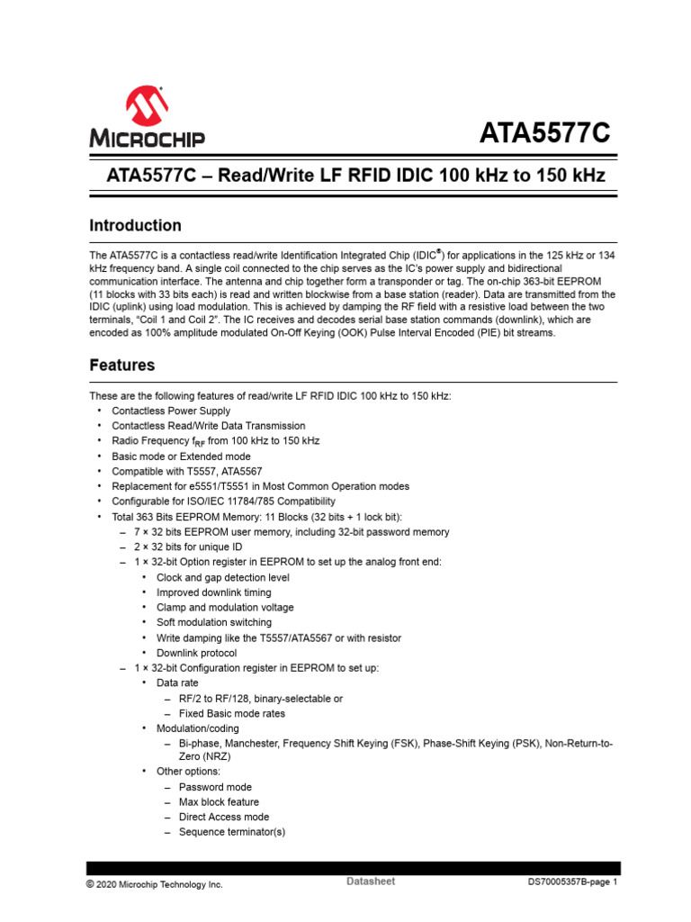 ATA5577C Read Write LF RFID IDIC 100 To 150 KHZ Data Sheet DS70005357B ...