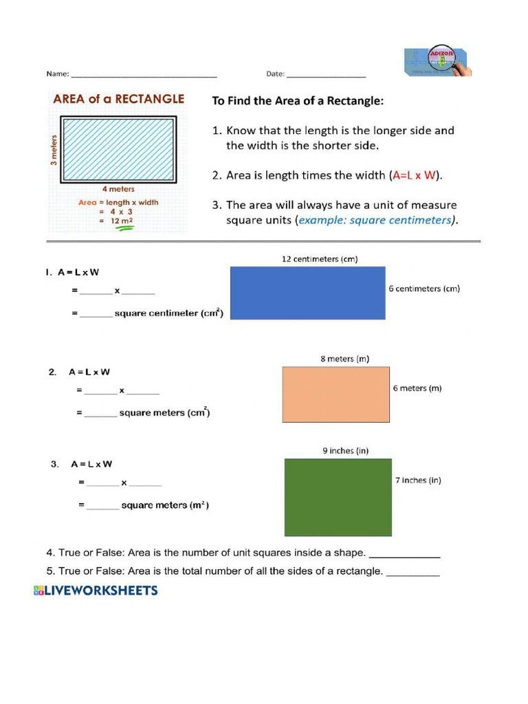 Area of Rectangle Worksheet | PDF