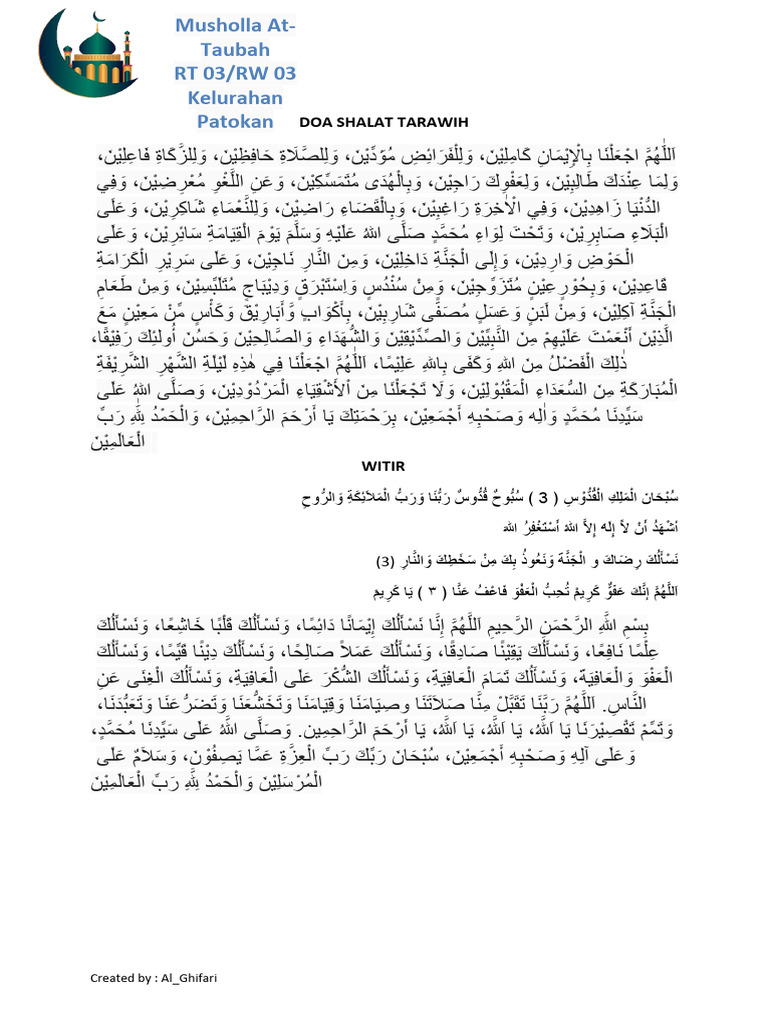 Doa Shalat Tarawih Dan Witir | PDF